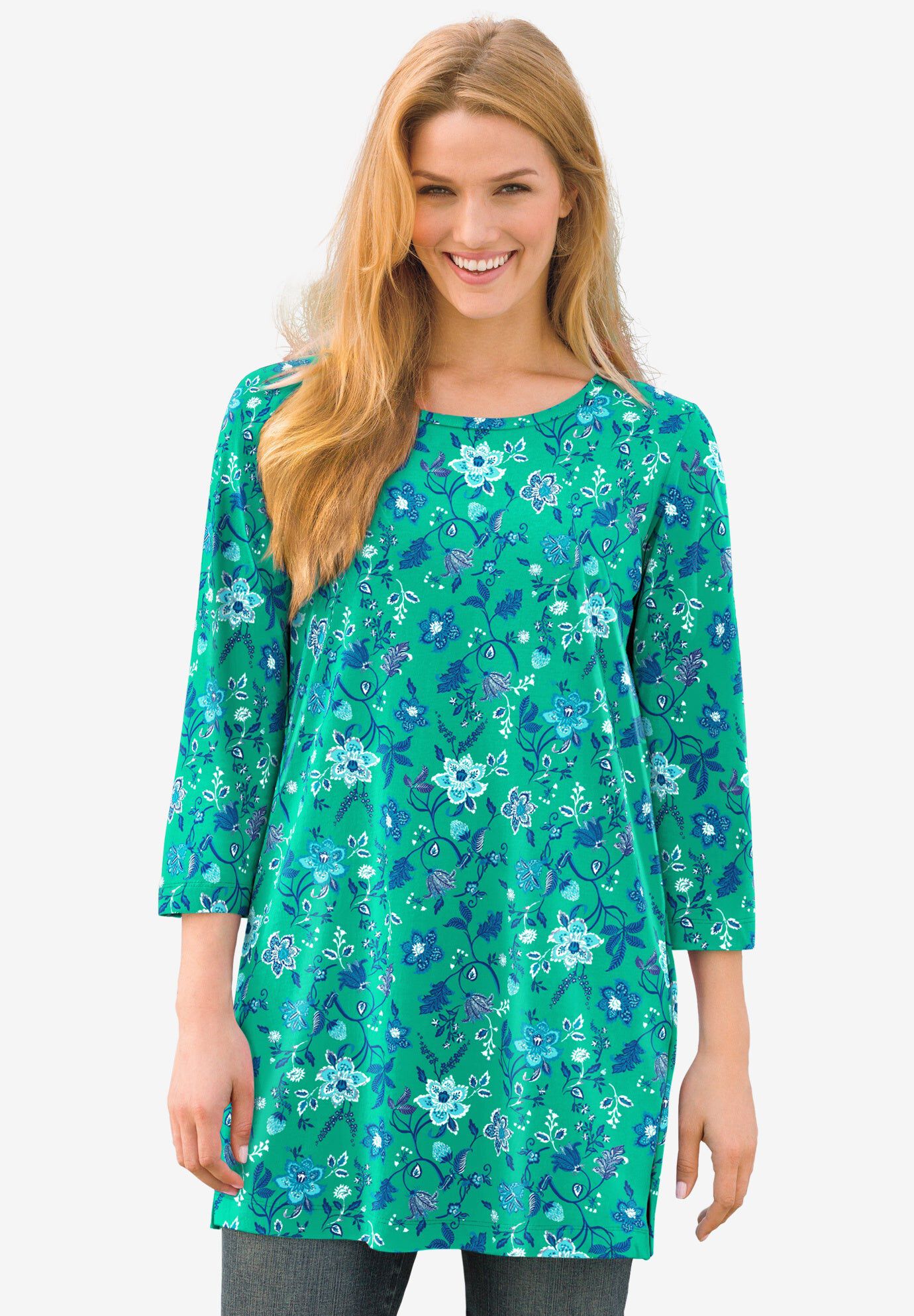 Perfect Printed Three-Quarter-Sleeve Scoopneck Tunic | Active For All